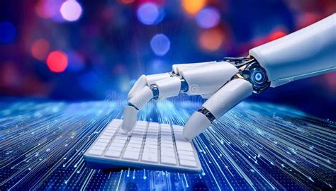 Robotic Hand Typing On Keyboard With Futuristic Digital Background Representing Ai And