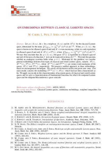 Pdf On Embeddings Between Classical Lorentz Spaces