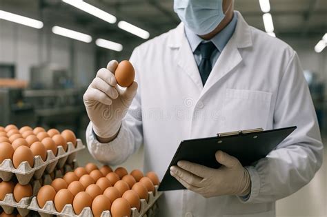 Food Safety Inspector With Gloves And Mask Examining Egg With Clipboard
