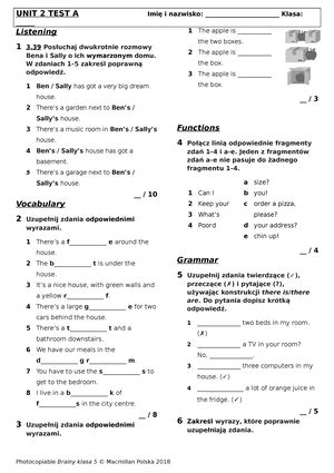 Brainy kl5 Unit Test 1 B Sprawdzian dla klasy 5 UNIT 1 Test B Imię