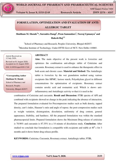 Pdf Formulation Optimization And Evaluation Of Anti Allergic Tablet
