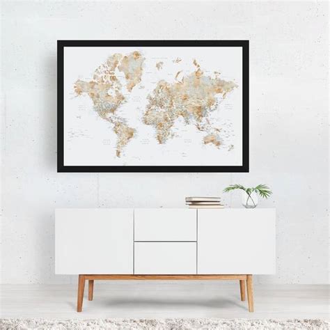 Gray And Brown Detailed Paint World Map Maps Art Printposter Bed