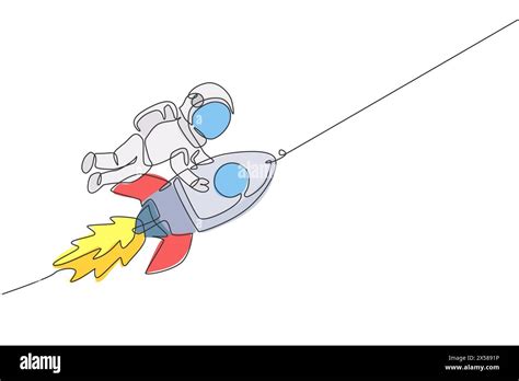 One Continuous Line Drawing Spaceman Astronaut Science Discovering Cosmos Galactic While Holding