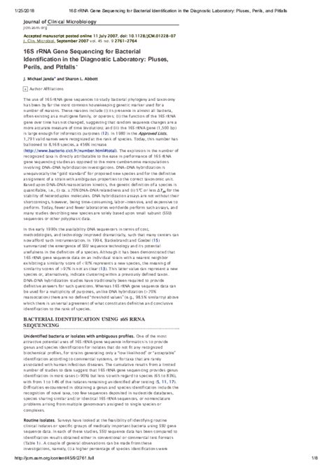 Pdf 16s Rrna Gene Sequencing For Bacterial Identification In The