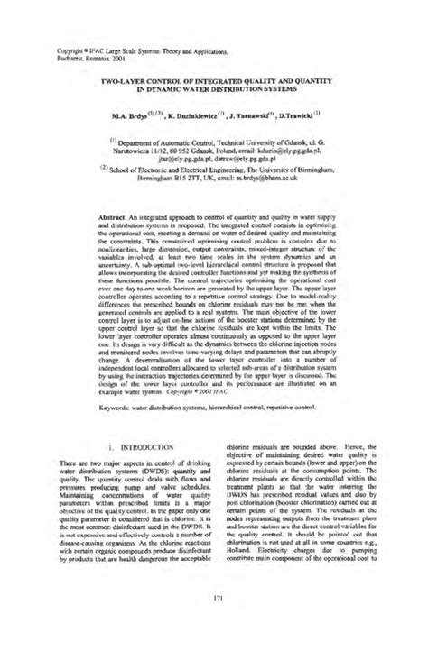 Pdf Two Layer Control Of Integrated Quality And Quantity In Dynamic Water Distribution Systems