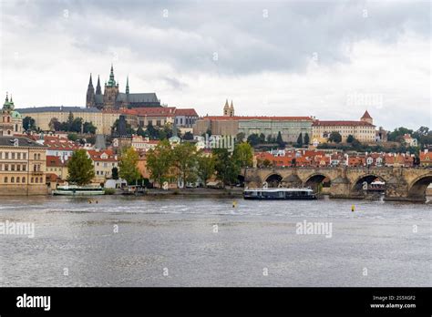 Prague Czech Republic View Along Vltava River Towards Charles Bridge
