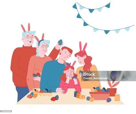 행복한 가족이 부활절 축하를 준비한다 토끼 귀 그림 계란에 부모 조부모와 어린 소녀 사람들은 함께 시간을 보냅니다 봄 방학 만화 플랫 벡터 일러스트 라인 아트 부활제에 대한