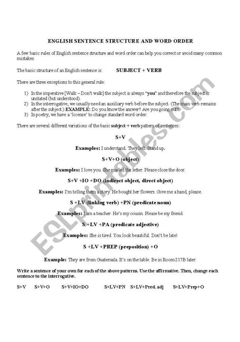 English Sentence Structure ESL Worksheet By Mnovick