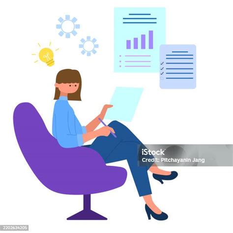 차트 체크리스트 및 전구 아이콘 평면 벡터 일러스트 레이 션으로 표시되는 아이디어로 문서를 분석하는 여성 사업가 계획에 대한 스톡 벡터 아트 및 기타 이미지 Istock