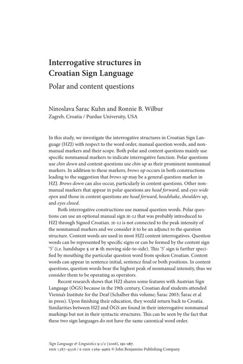 Pdf Interrogative Structures In Croatian Sign Language Polar And