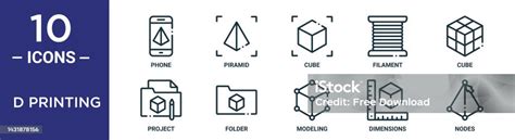 D 인쇄 개요 아이콘 세트에는 얇은 줄 전화 큐브 큐브 폴더 치수 노드 보고서 프리젠 테이션 다이어그램 웹 디자인을위한 프로젝트 아이콘이 포함됩니다 0명에 대한 스톡 벡터