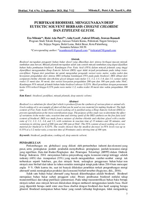 Pdf Purifikasi Biodiesel Menggunakan Deep Eutectic Solvent Berbasis Choline Chloride Dan
