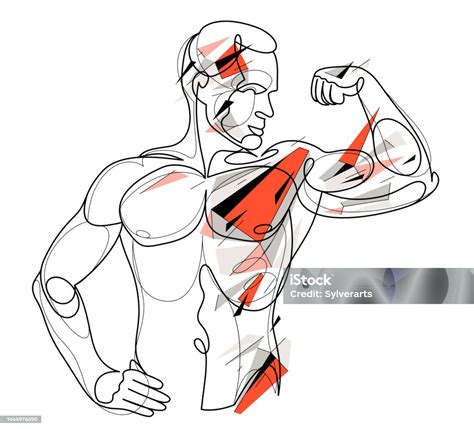 완벽한 바디 핏 모델 맨의 선형 드로잉 벡터 일러스트 레이 션을 포즈를 취하고 근육질의 사나이 섹시한 남자와 벌거 벗은 몸통 토플리스 보디 빌딩에 대한 스톡 벡터 아트 및