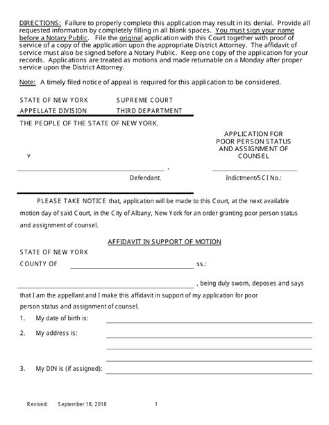 New York Application For Poor Person Status And Assignment Of Counsel
