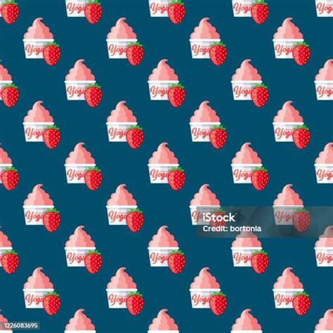 สตรอเบอร์รี่รูปแบบโยเกิร์ตแช่แข็ง ภาพประกอบสต็อก ดาวน์โหลดรูปภาพตอนนี้ การทำซ้ำ ขนมขบเคี้ยว