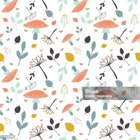 빨간 버섯 단풍 베리 분기 벡터 완벽 한 패턴입니다 패턴에서 포리스트 환경입니다 이미지는 흰색 바탕에 패턴의 형태로 숲에서 계절을가 0명에 대한 스톡 벡터 아트 및 기타