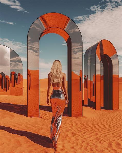 금발의 아름다운 여성이 오렌지색 건조한 사막을 걷고 있다