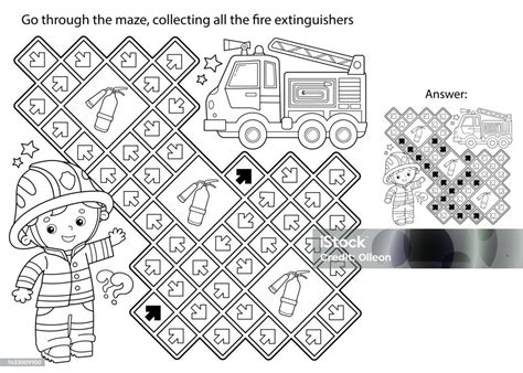 미로 또는 미로 게임 수수께끼 색칠 공부 페이지 개요 만화 소방관 또는 소방관과 소방차 아이들을위한 색칠 공부 책 교육에 대한 스톡 벡터 아트 및 기타 이미지 Istock