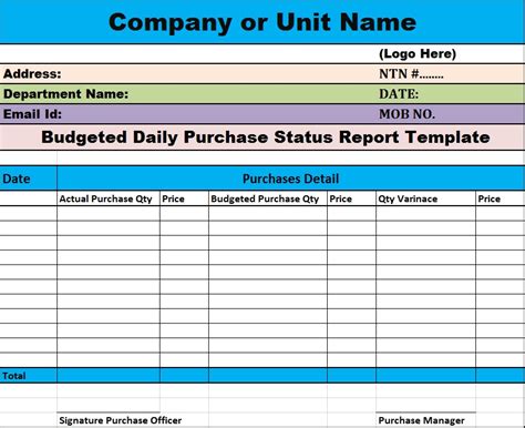 Budgeted Daily Purchase Status Report Template Free Report Templates