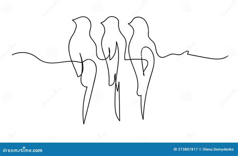 Hand Draw Three Birds In Line Art Outline One Continues Line Vector