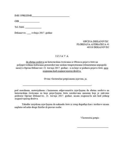 Izjava O Nepostojanju Osiguranja Pdf