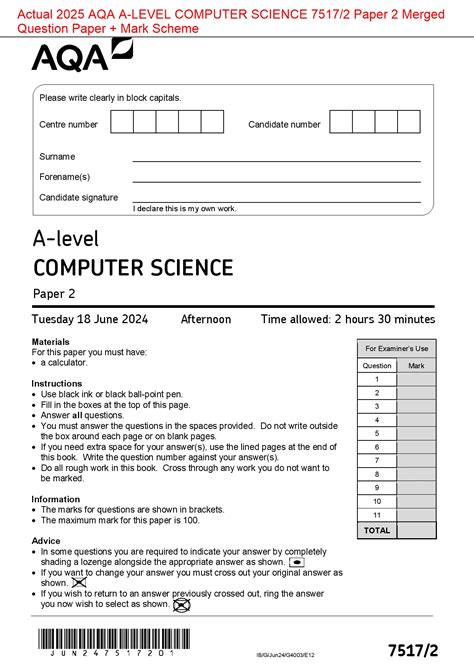 Actual 2025 Aqa A Level Computer Science 75172 Paper 2 Merged Question Paper Mark Scheme