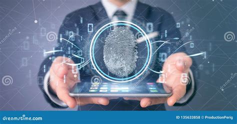 businessman holding a digital fingerprint identification and binary
