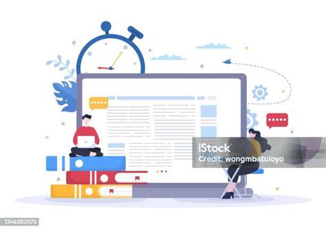 콘텐츠 작가 또는 저널리스트 배경 벡터 일러스트레이션 복사 쓰기 연구 개발 아이디어 및 플랫 스타일소설 또는 책 스크립트 테크놀로지에 대한 스톡 벡터 아트 및 기타 이미지