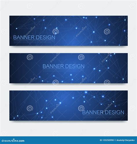 Abstract Molecules Banners Set With Lines Dots Circles Polygons Vector Design Network