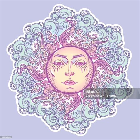 장식 스티커입니다 곱슬 화려한 구름에 인간의 얼굴을 가진 동화 스타일 태양 문신 섬유 인쇄 또는 인사말 카드 디자인에 대 한