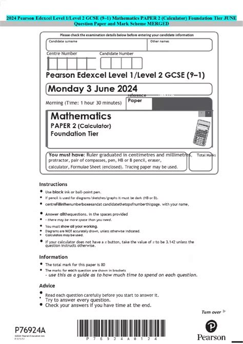 2024 Pearson Edexcel Level 1 Level 2 Gcse 9 1 Mathematics Paper 2 Calculator Foundation Tier