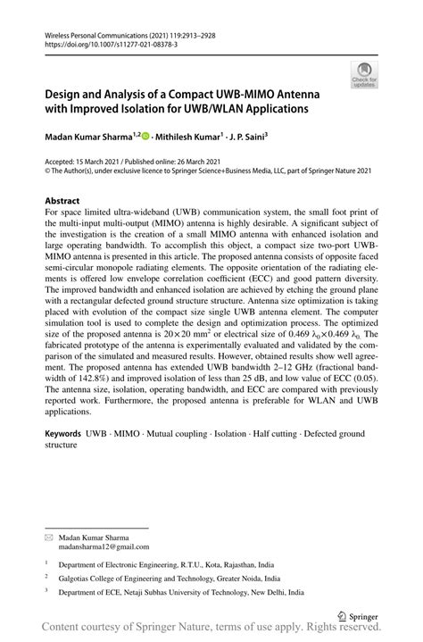 Design And Analysis Of A Compact Uwb Mimo Antenna With Improved Isolation For Uwb Wlan