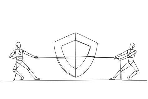 Continuous One Line Drawing Two Robots Fighting Over Shield