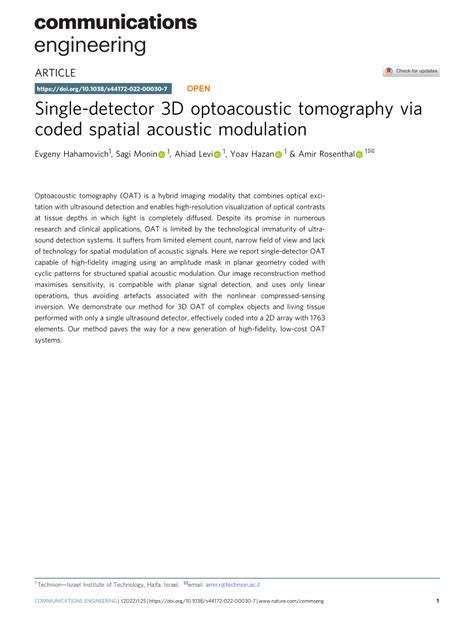Pdf Single Detector 3d Optoacoustic Tomography Via Coded Spatial Acoustic Modulation
