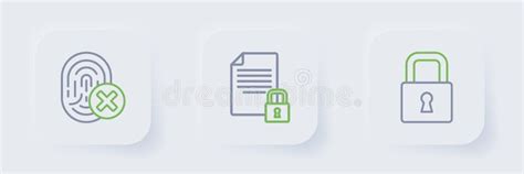 Set Line Lock Document And Lock And Cancelled Fingerprint Icon Vector Stock Illustration