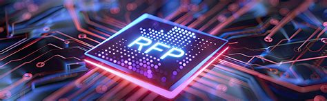 네온 불빛과 회로 기판 패턴 파란색 조명 효과가 있는 디지털 배경에 텍스트 Rfp 빛나는 홀로그램 문자가 주변에 동적 그림자를 생성합니다 텍스트 Rfp 빛나는 배경