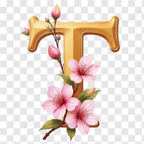 벚꽃 꽃 디자인이있는 금 모노그램 문자 T 벚꽃 꽃 디자인이있는 금 모노그램 문자 T Cherry Blossom Floral Design이있는 문자 T 금 편지 T