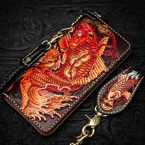 Handmade Leather Tooled Carp Mens Chain Biker Wallet Cool Leather