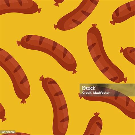 벡터 소시지 완벽 한 패턴입니다 노란색 배경에 완벽 한 소시지 패턴 음식 디자인 정육점 바베큐 레스토랑 패스트 푸드 메뉴 부엌