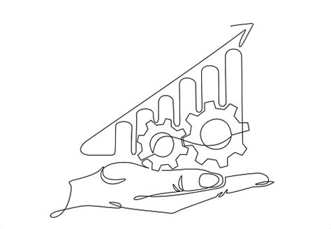 흰색 배경에 화살표가 있는 그래프가 있는 접시를 들고 있는 연속적인 선 벡터 그림 아이디어 성공 이익의 개념 발표 스트로크 라인 아이콘 또는 엠블럼 트렌디 한 선형 한붓