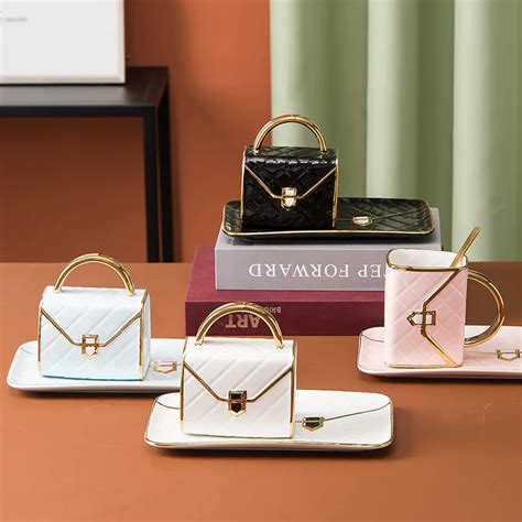 창의적인 세라믹 머그잔 세트 가방 모양 커피 컵 접시 포함 개성 예술 물 컵 차 주스 우유 머그잔 커플 소녀 선물 310ml