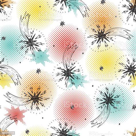 손 성형 낙서 불꽃 또는 혜성과 별 완벽 한 패턴벡터 일러스트 레이 션 소행성에 대한 스톡 벡터 아트 및 기타 이미지 소행성