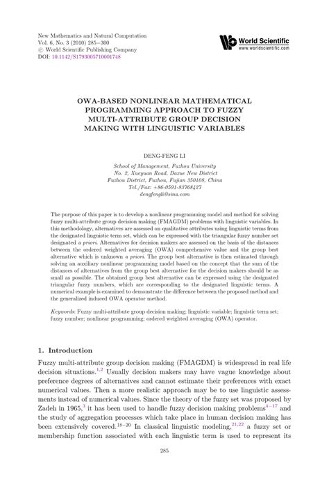 Pdf Owa Based Nonlinear Mathematical Programming Approach To Fuzzy Multiattribute Group
