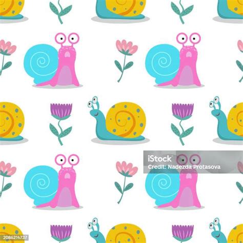 달팽이와 꽃이 있는 완벽 한 패턴입니다 귀여운 벡터 일러스트 레이 션 달팽이 꽃 아이들의 엽서 배경 화면 포장에 대 한 0명에