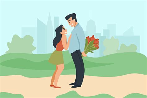 부부 관계 공원을 걷는 남자와 여자 낭만적인 데이트에 꽃다발을 주는 소년 사랑에 빠진 젊은 캐릭터 남자친구와 여자친구 만화 플랫