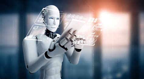 Mlp Robot Humanoid Use Mobile Phone Or Tablet For Big Data Analytic Stock Illustration