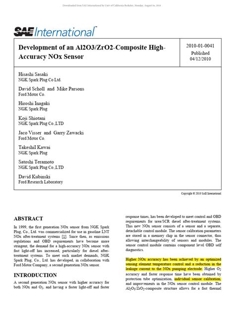 Development Of An Al2o3 Zro2 Composite High Accuracy Nox Sensor Sae Ngk