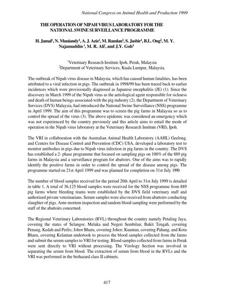 Pdf The Operation Of Nipah Virus Laboratory For The National Swine Surveillance Programme Pdf The Operation Of Nipah Virus Laboratory For The National Swine Surveillance Programme