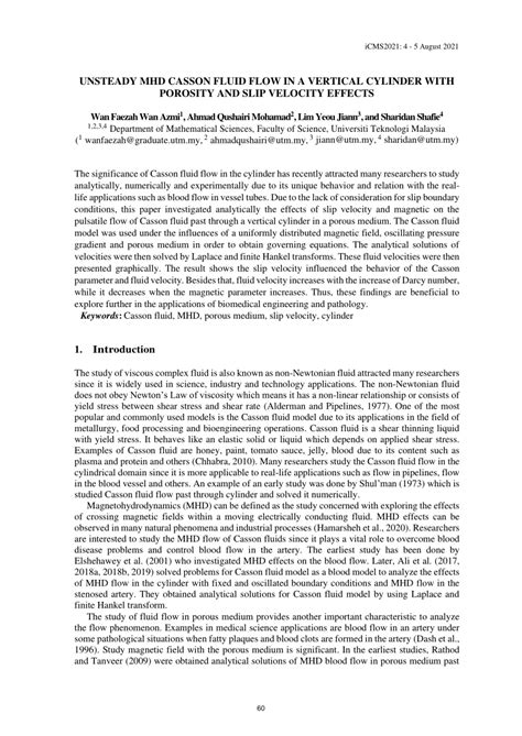Pdf Unsteady Mhd Casson Fluid Flow In A Vertical Cylinder With Porosity And Slip Velocity Effects
