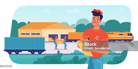 열차별 배송 물류 소포 배송 작업자의 하역 또는 하역 벡터 플랫 설계 철도 배송 및 선적 운송 화물 창고 물류 기차에 적재 상자 감시에 대한 스톡 벡터 아트 및 기타 이미지